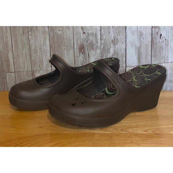 CROCS | Shoes | Womens Crocs Frances Brown Mary Jane Wedge Heel Clogs ...